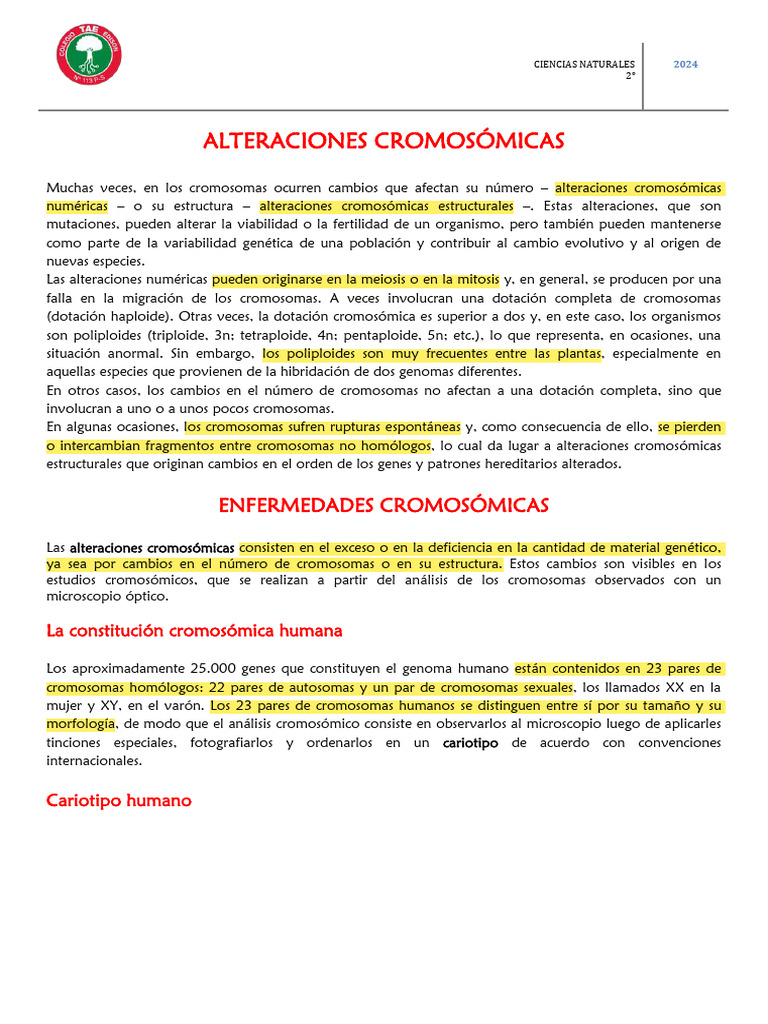 Alteraciones Cromosomicas | PDF | Cariotipo | Cromosoma
