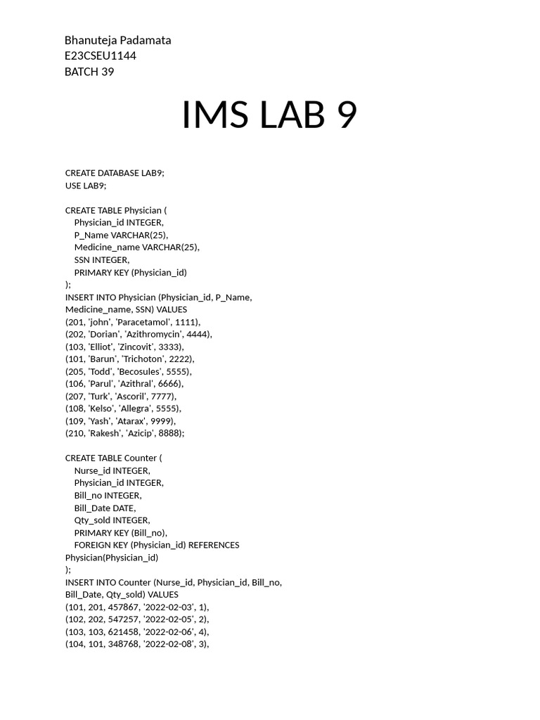 E23cseu1144 Lab9 Ims | PDF | Data Management | Sql