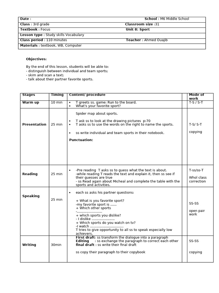 Sports Lesson Plan for 3rd Grade | PDF | Writing | Learning