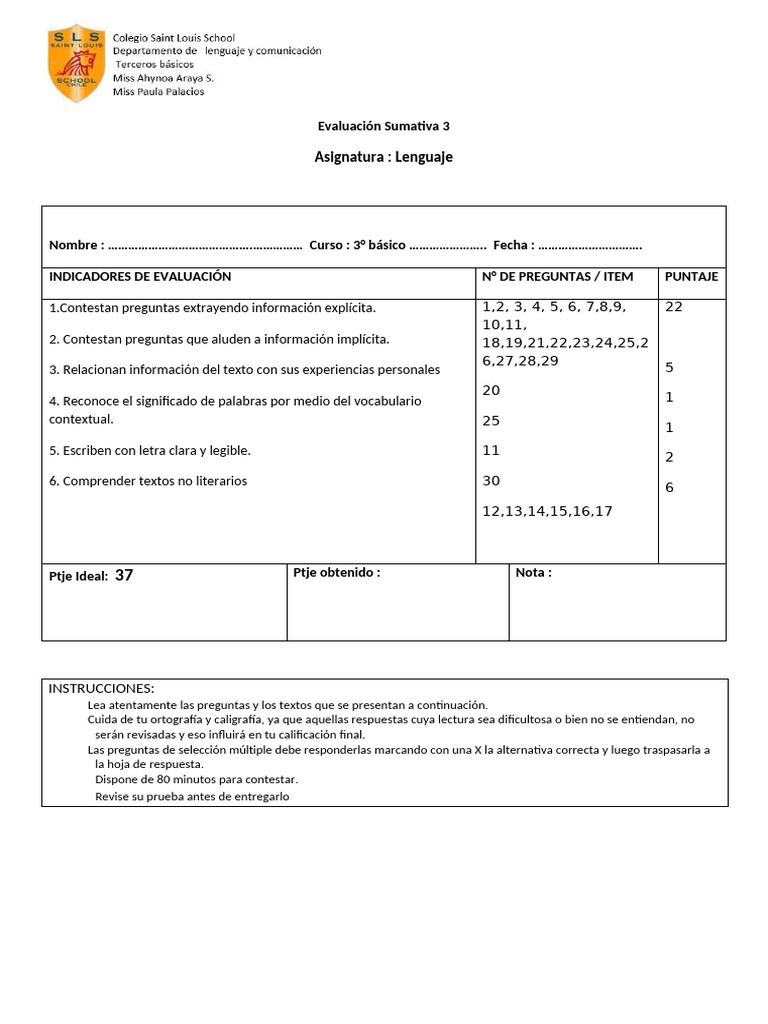 Evaliuacion Sumativa 3 Tercero Basico | PDF | Brasil