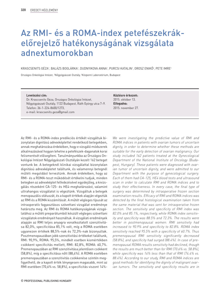 Az RMI-és A ROMA-index Petefészek Rák - Előrejelző Hatékonyságának ...