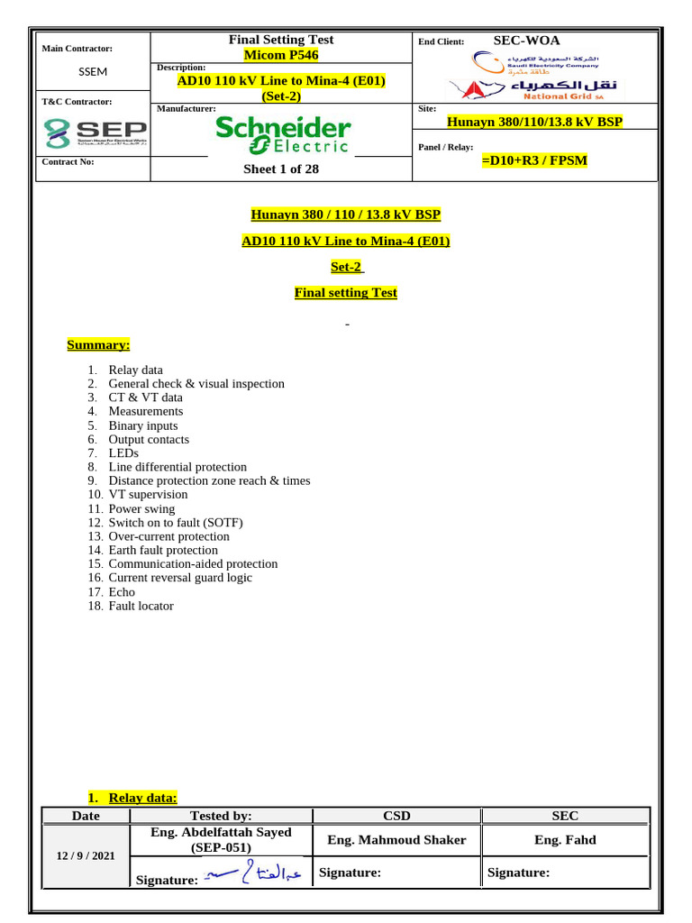 Hunayn - AD10 - P546 Final Setting Test | PDF | Relay | Electricity
