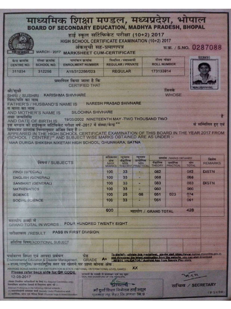 marksheet 10 th | PDF