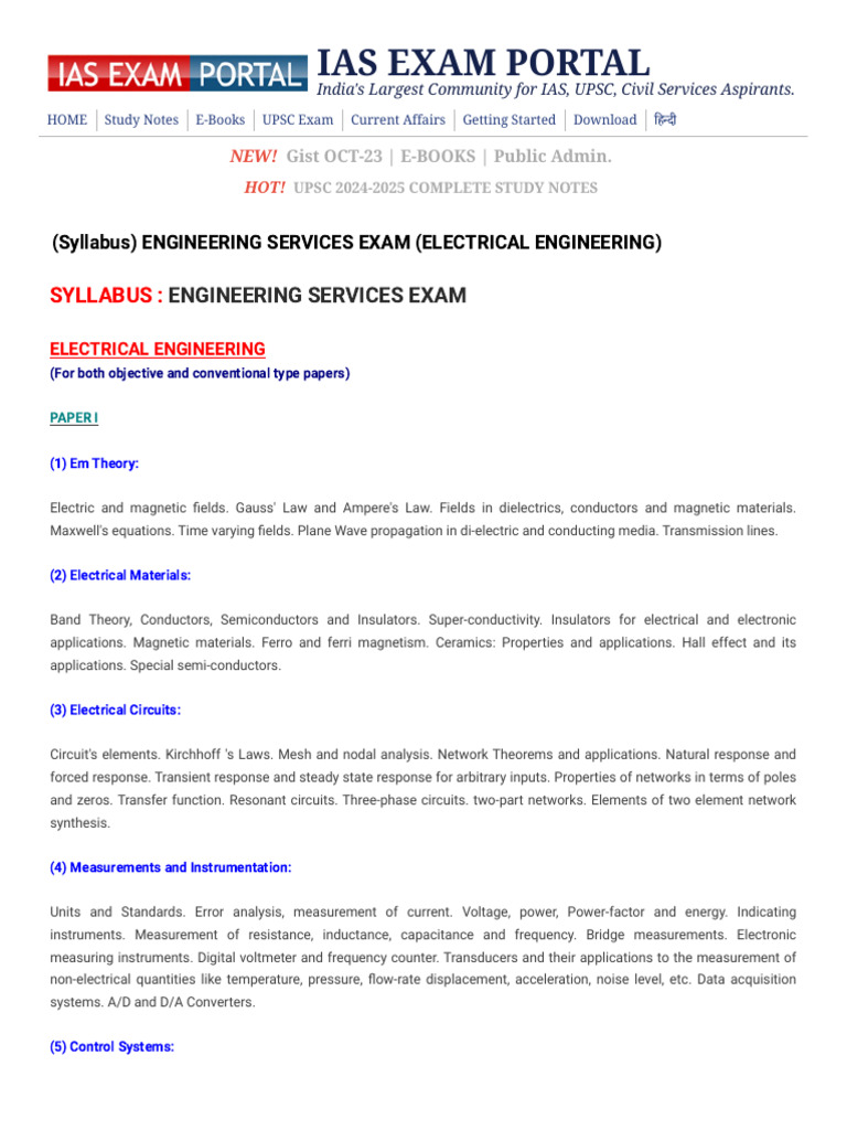 Ese Ee Ies (Syllabus) Engineering Services Exam (Electrical Engineering ...