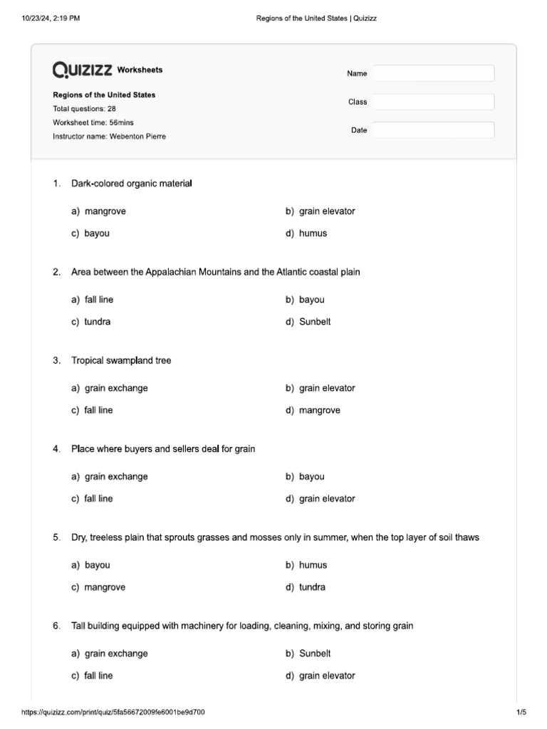 Regions of The United States Practice Quiz 24-25 | PDF