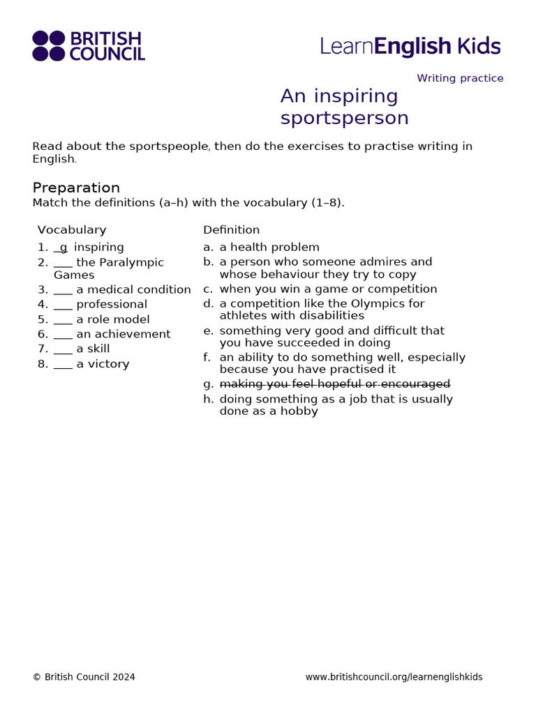 LearnEnglishKids Writing Practice Level 3 An Inspiring Sportsperson ...