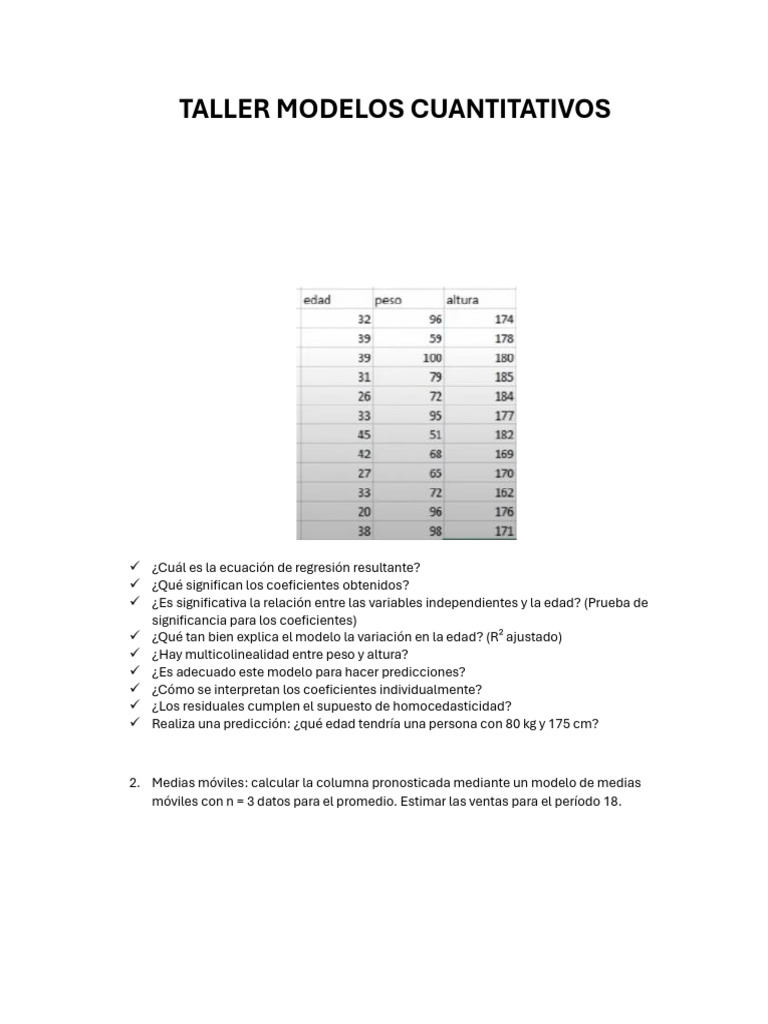 Taller 2 Modelos Cuantitativos Tdea 2 2024 20% Parejas Con Todo | PDF | Análisis de regresión ...