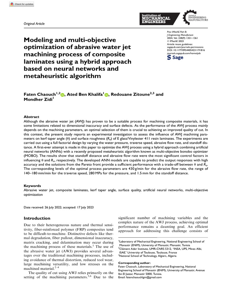 Chaouch Et Al 2023 Modeling and Multi Objective Optimization of Abrasive Water Jet Machining ...