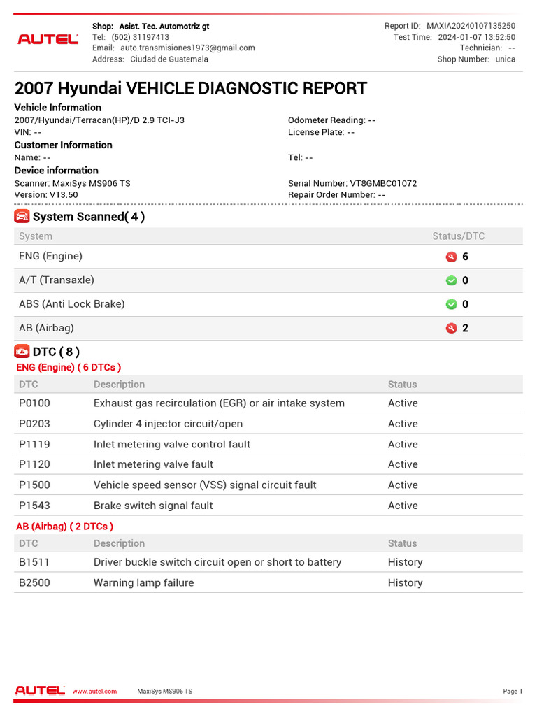2007 Hyundai Vehicle Diagnostic Report: System Scanned (4) | PDF ...