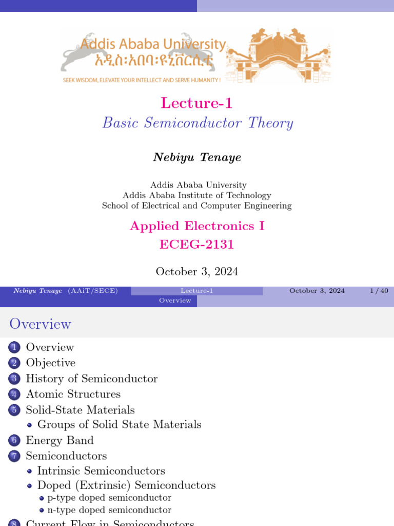 AE.1 Lecture 1 | PDF | Doping (Semiconductor) | Semiconductors