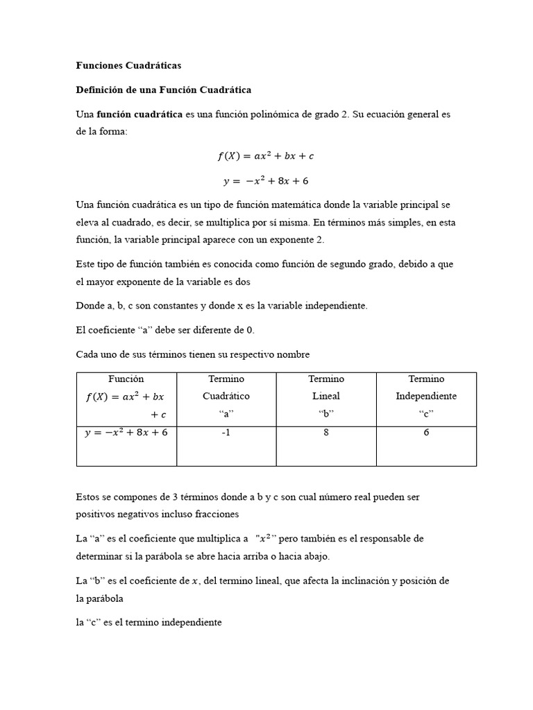 Funciones Cuadráticas: Definición y Propiedades | PDF | Función ...