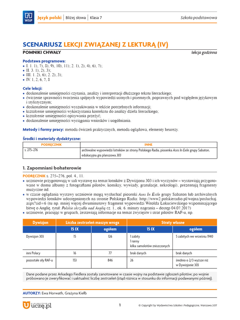 Jpol SP Blizej Slowa KL 7 Scen Lekc Z Lektur IV AFiedler Dywizjo | PDF