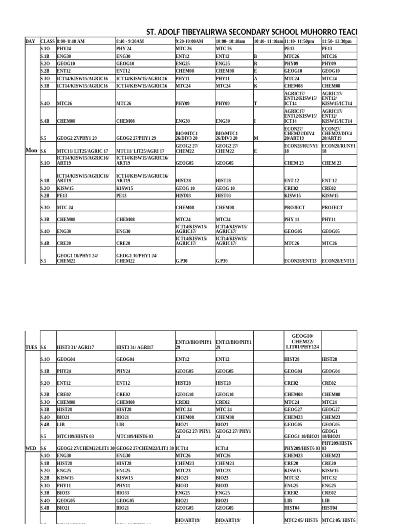 TEACHING TIME TABLE 2024 | PDF