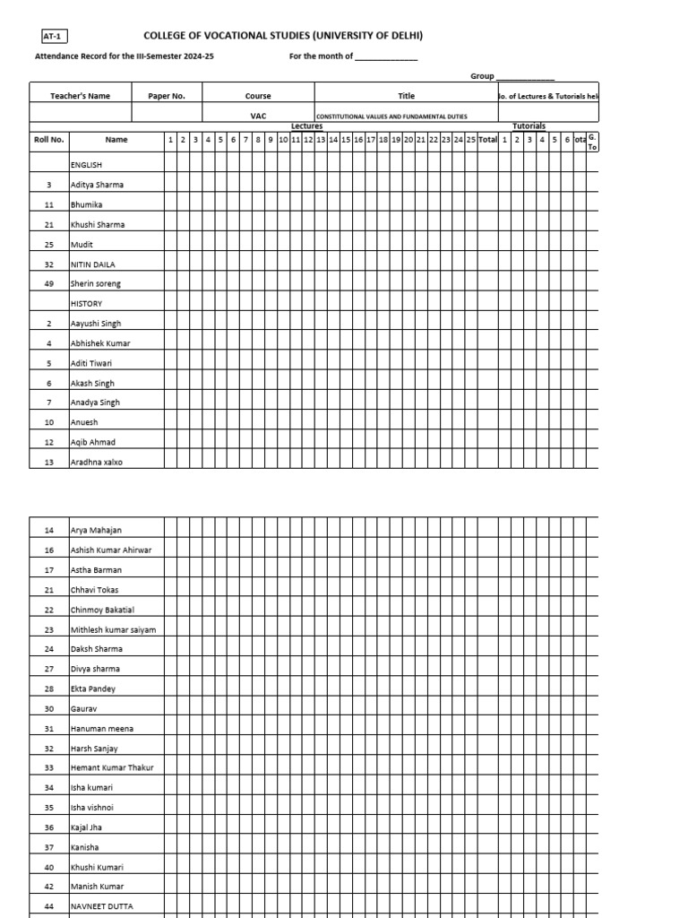 Attendance Record for III Semester 2024-25 | PDF