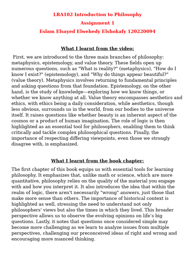 LRA102 - Assignment 1 - Eslam Elwehedy - 120220094 | PDF | Epistemology | Metaphysics