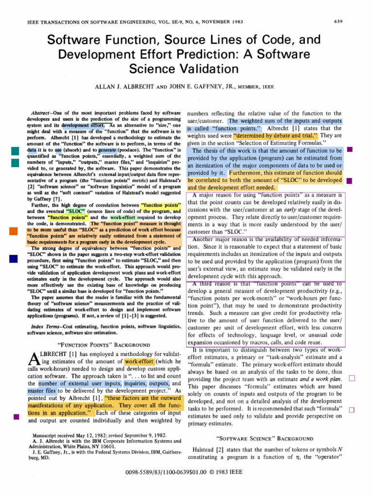 Albrecht And Gaffney1983software Function Source Lines Of Code And Development Effort