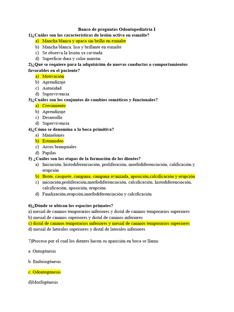 Banco de Preguntas Odontopediatría I | PDF | Diente | Odontología
