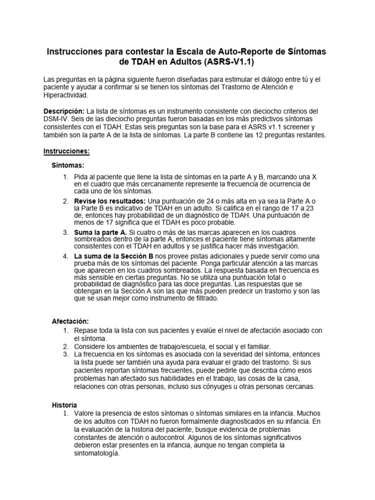 Instrucciones para ASRS TDAH Adultos | PDF | Desorden hiperactivo y deficit de atencion ...