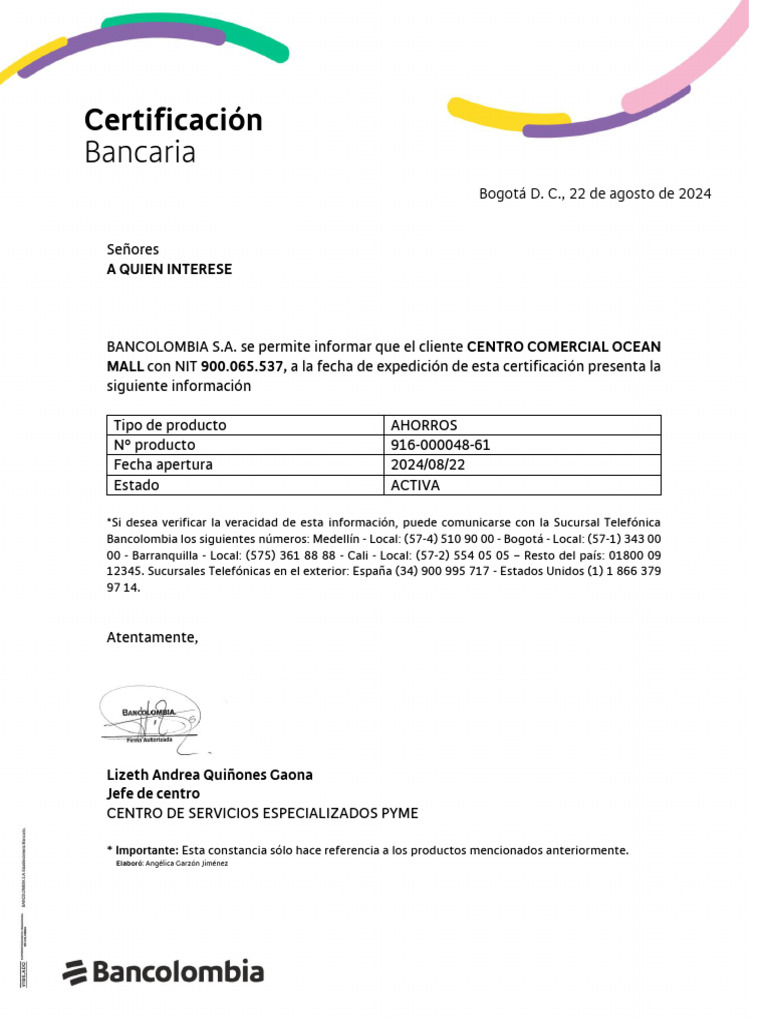 Ocean Mall Certificacion Bancaria Cta Ahorros Banc No 916-000048-61 ...