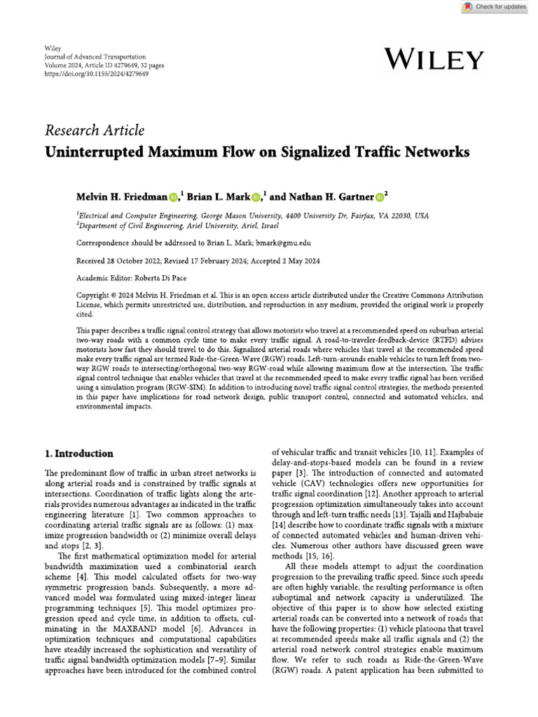 Friedman - 2024 - Uninterrupted Maximum Flow On Signalized Traffic Networks | PDF