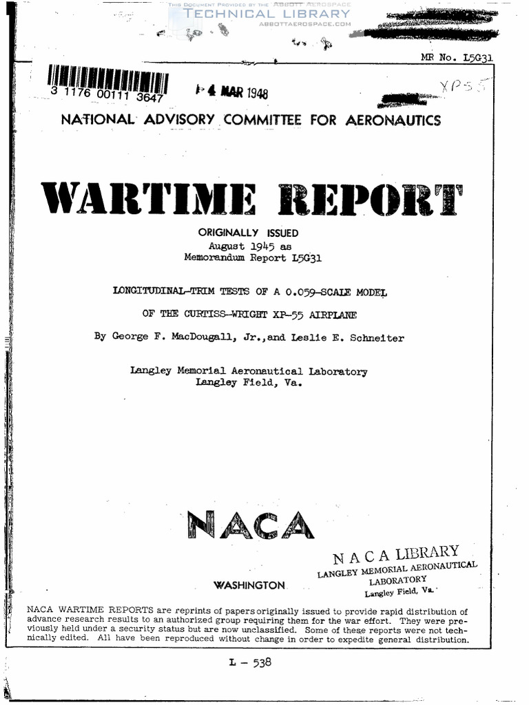 Naca-Wr-L-538 Longitudinal Trim Tests of A 0.059 Scale Model of The ...