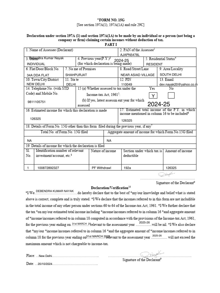 Form 15G Debendra | PDF | Income Tax | Wealth