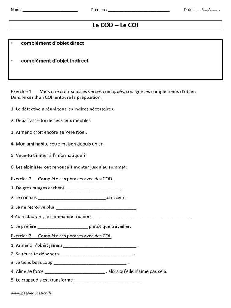 COD - COI - Complément D'objet Direct Indirect Cm1 Cm2 Leçon Exercices ...