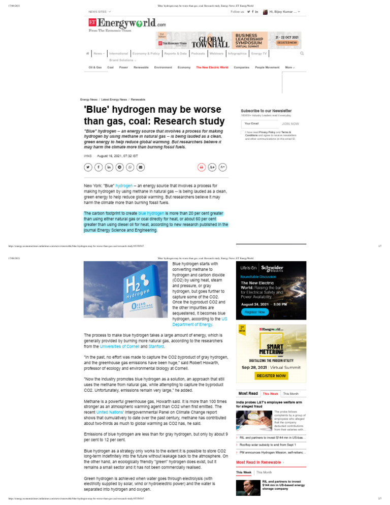 'Blue' Hydrogen May Be Worse Than Gas, Coal - Research Study, Energy ...
