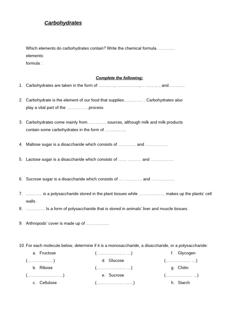 Carbohydrates Worksheet 1 | PDF | Carbohydrates | Biochemistry