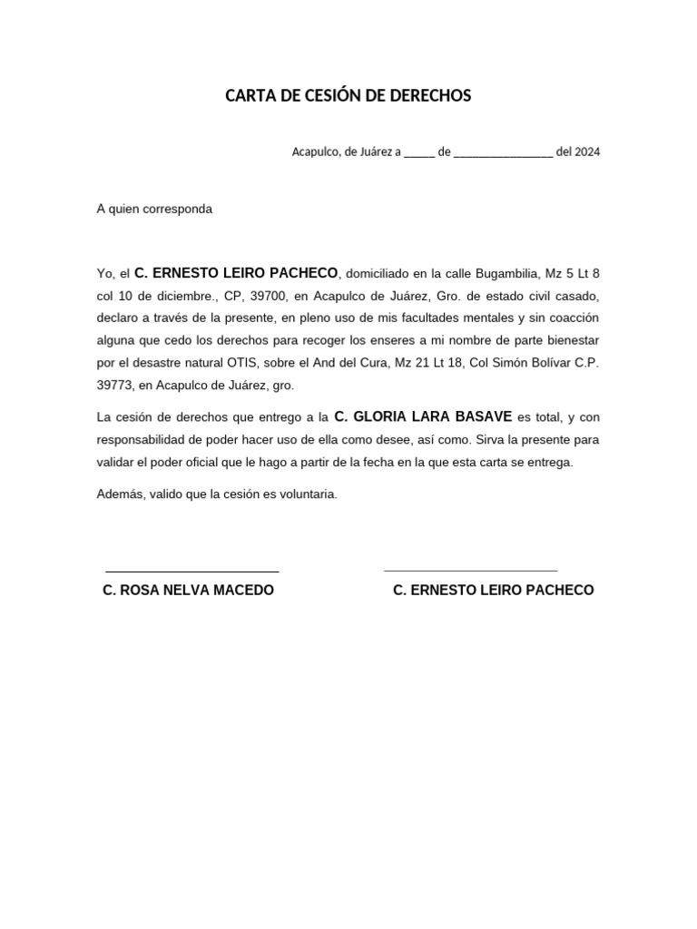 Carta de Cesión de Derechos Rosa | PDF