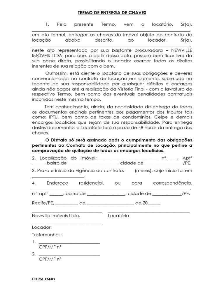 F134 - Termo de Entrega de Chaves | PDF