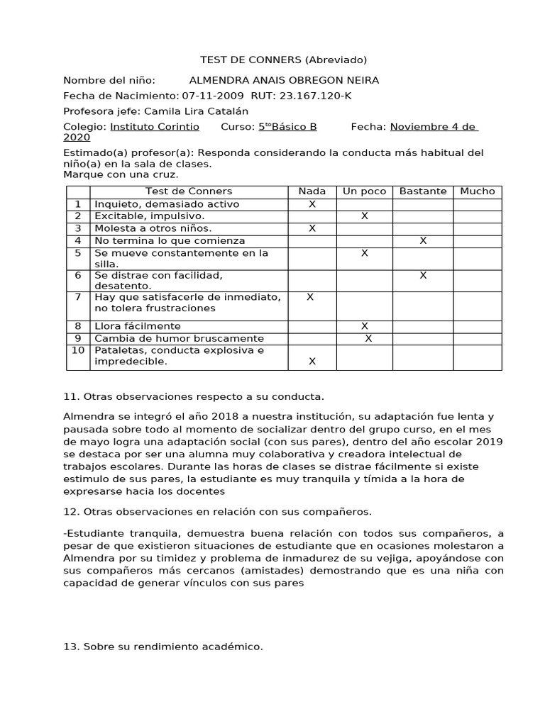 TEST DE CONNERS Abreviado Almendra Obregon | PDF | Sicología