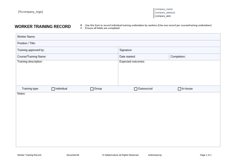 Singapore Worker Training Record Form | PDF