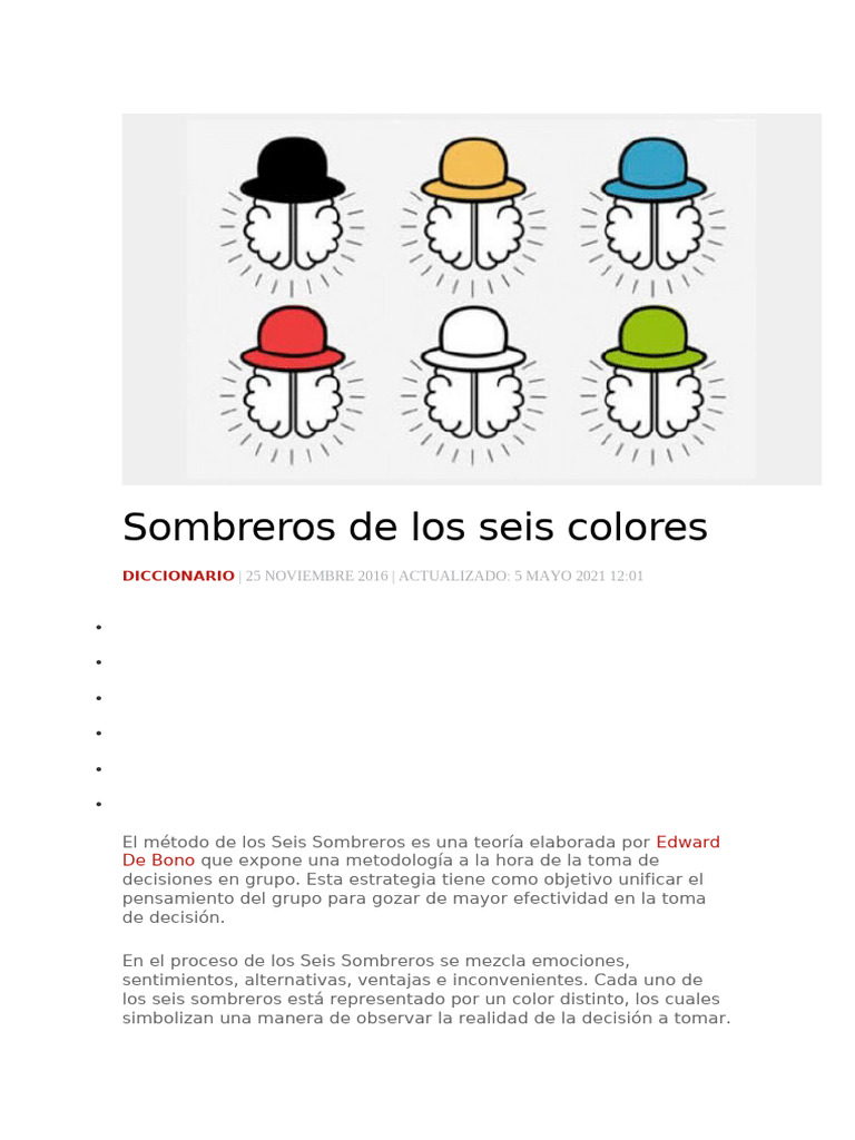 Método de los Seis Sombreros de De Bono | PDF | Pensamiento | Toma de ...