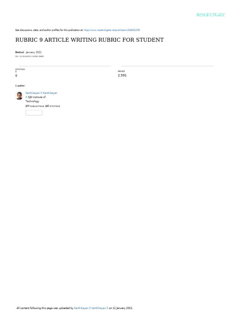 Rubric 9 Article Writing Rubric For Student: January 2021 | PDF | Human ...