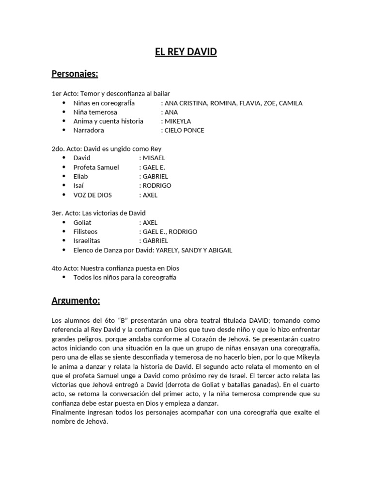El Rey David, Obra Teatral 6to B | PDF | David | Goliat