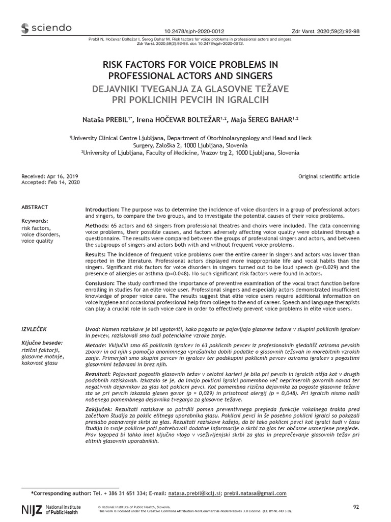Voice Disease In Actors Pdf Human Voice Singing