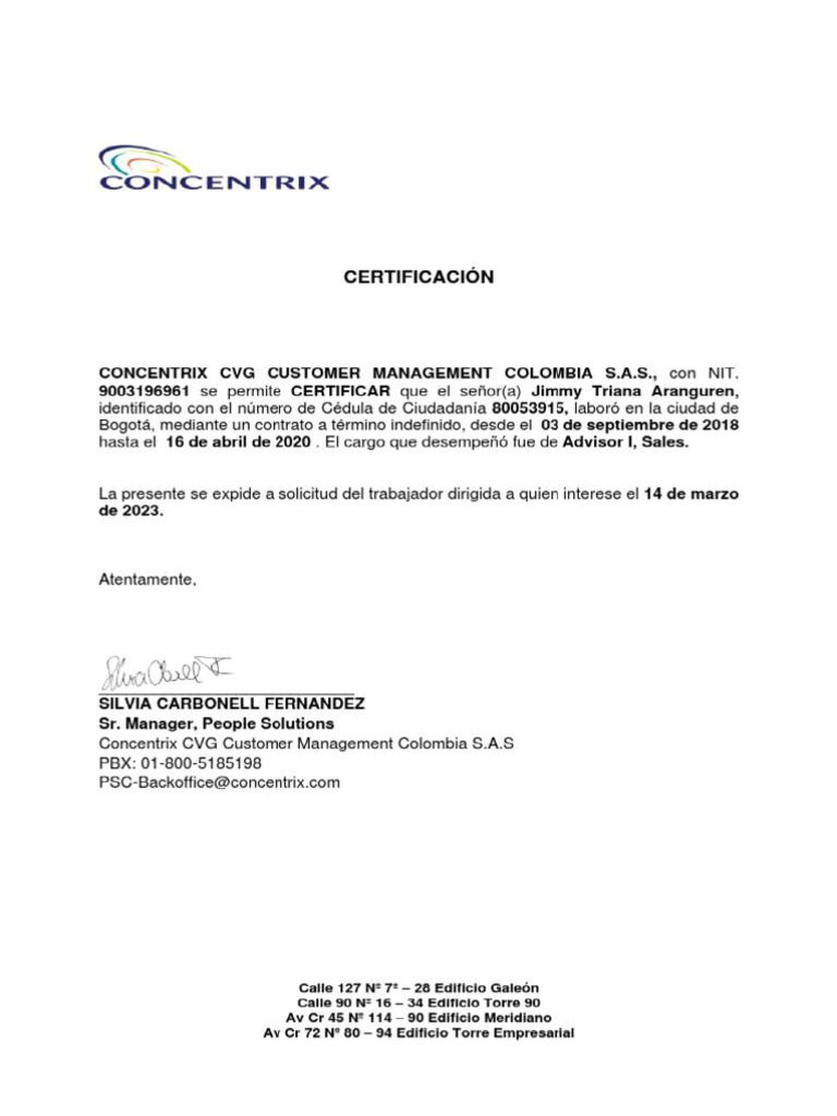 Imagen Certificación Laboral Concentrix | PDF