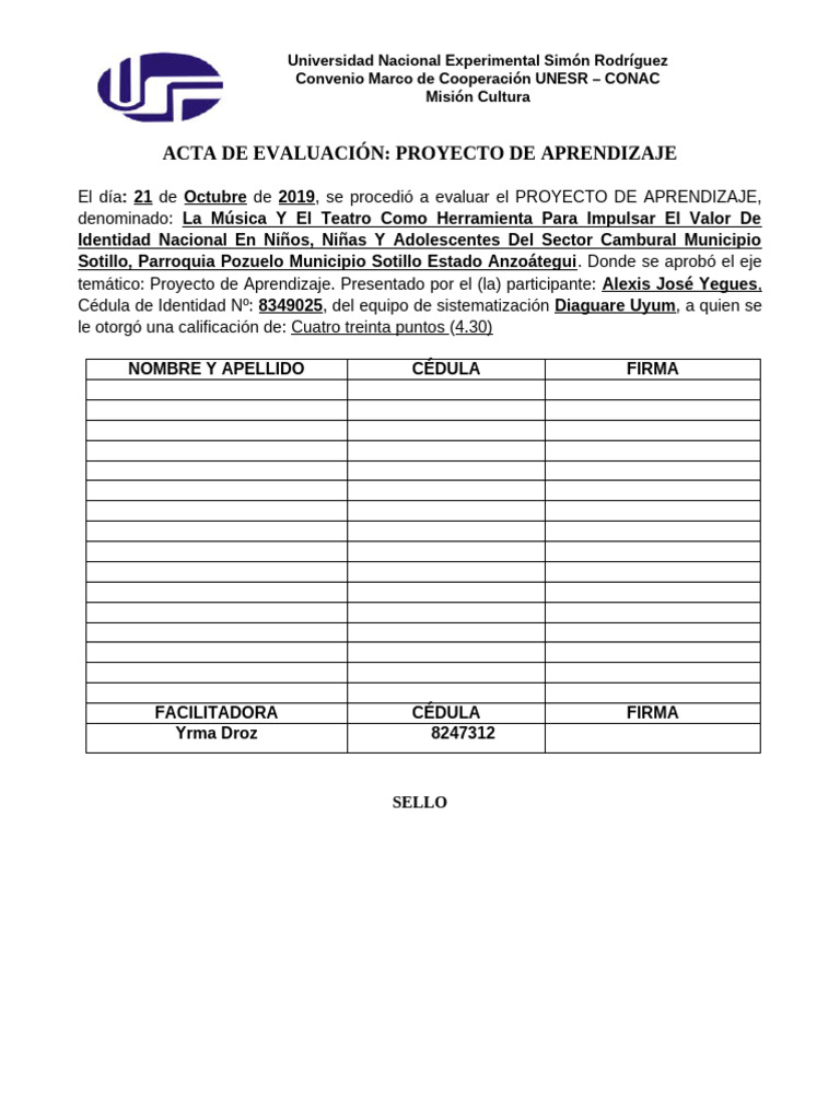 Acta de Proyecto Activador Alexis Jose Yegues | PDF