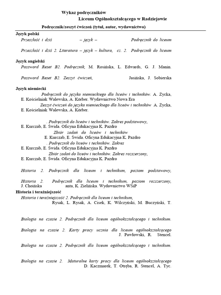 Wykaz Podręczników - Klasa II LO | PDF
