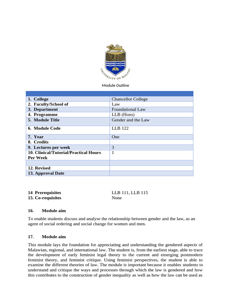 Gender and Law: LLB Module Overview | PDF | Gender | Gender Studies