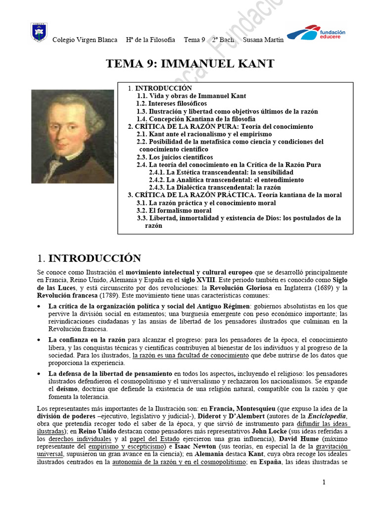 Tema 9 IMMANUEL KANT | PDF | Immanuel Kant | A priori y a posteriori