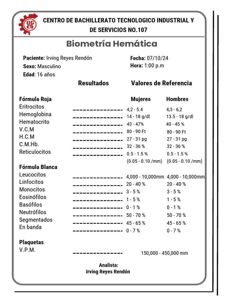 Resultados de Biometría Hemática | PDF