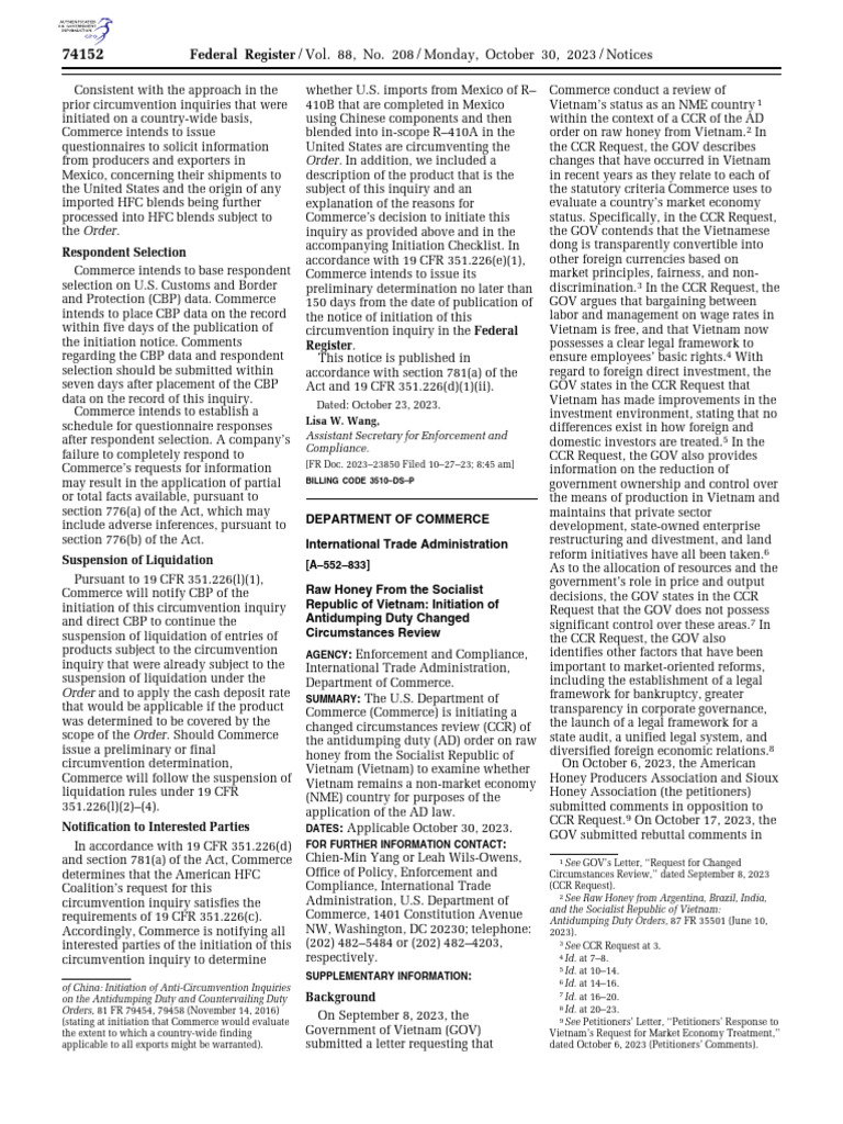 Initiation of CCR for Vietnam Honey AD Order | PDF | Dumping (Pricing ...