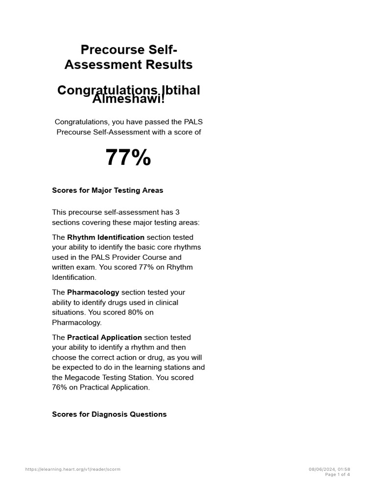 AHA ELearning PALS Precourse Self-Assessment and Precourse Work | PDF | Cardiopulmonary ...