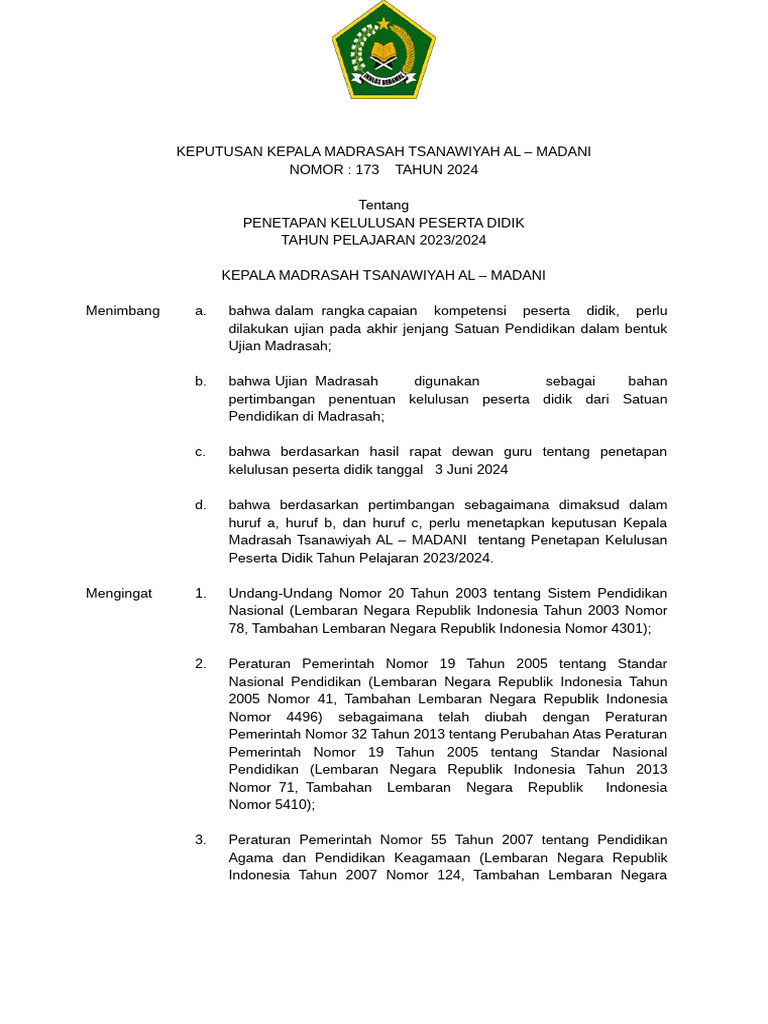 Surat Keputusan Kelulusan Siswa MTSN 4 Po 2022-2023 | PDF