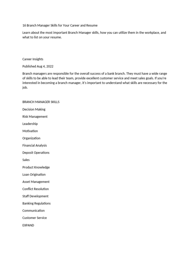 Essential Skills for Branch Managers | PDF | Banks | Employment