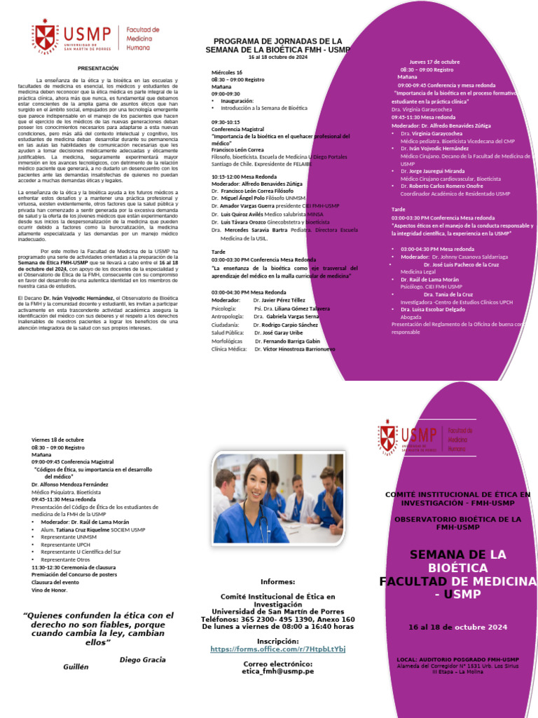 Semana de Bioética FMH-USMP 2024 | PDF | Bioética | Medicina