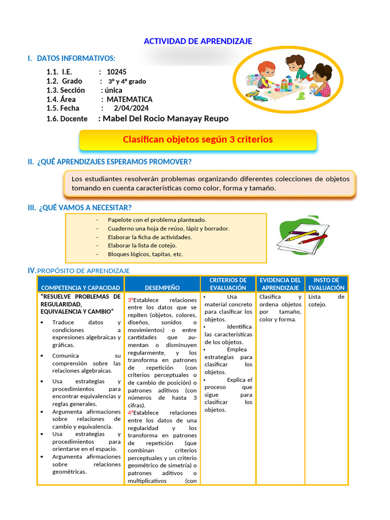 Clasificación de Objetos en Matemáticas | PDF | Aprendizaje | Evaluación