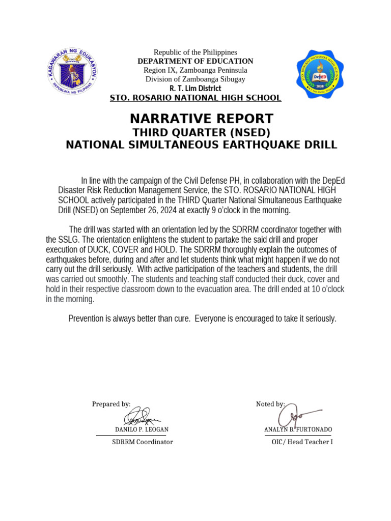 Sto. Rosario NHS Accomplishment Report On Nsed 3RD Q | PDF | Wellness